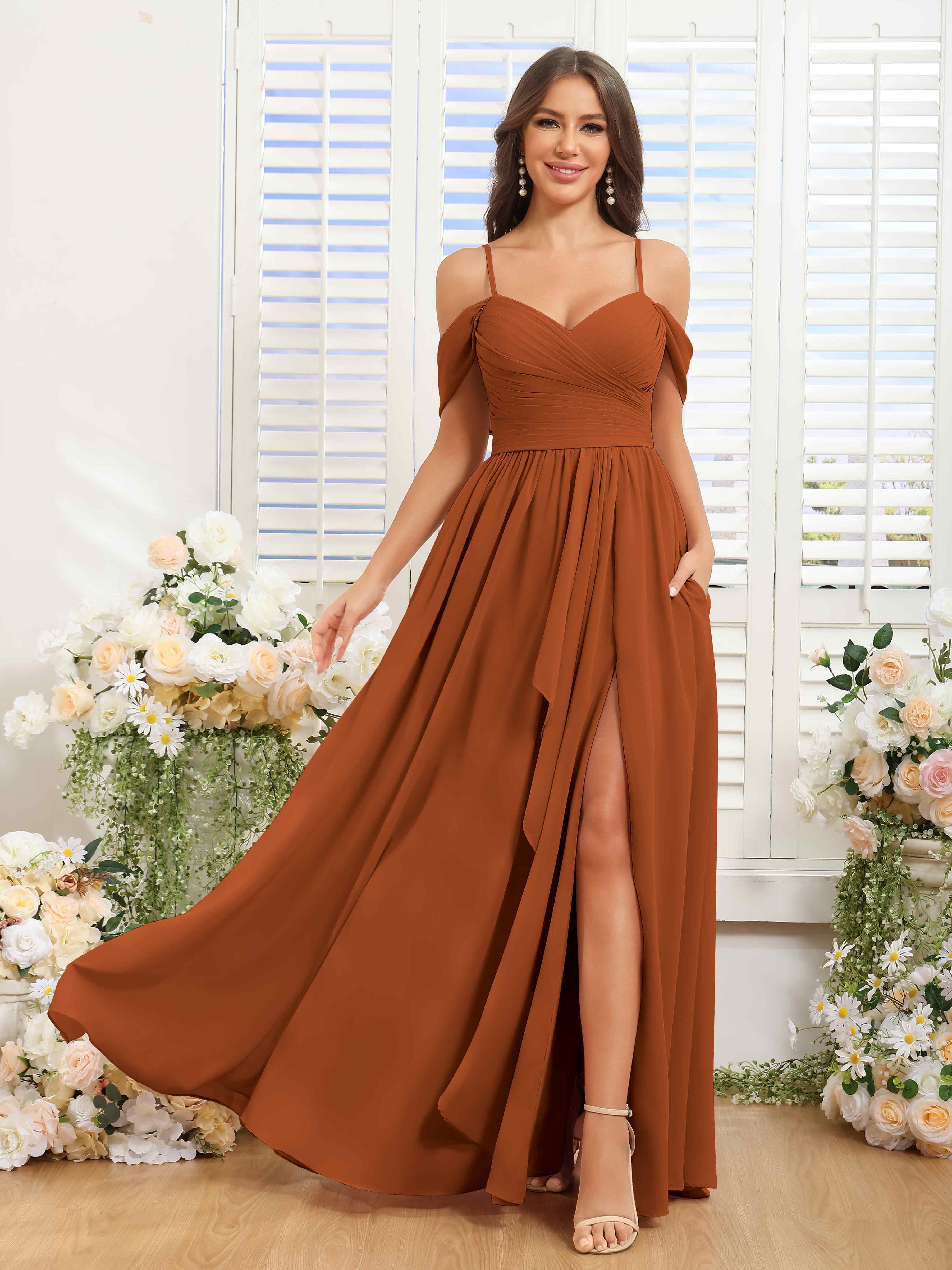 Greer Enchanting Spaghetti Straps Pleated Slit Chiffon Bridesmaid Dres