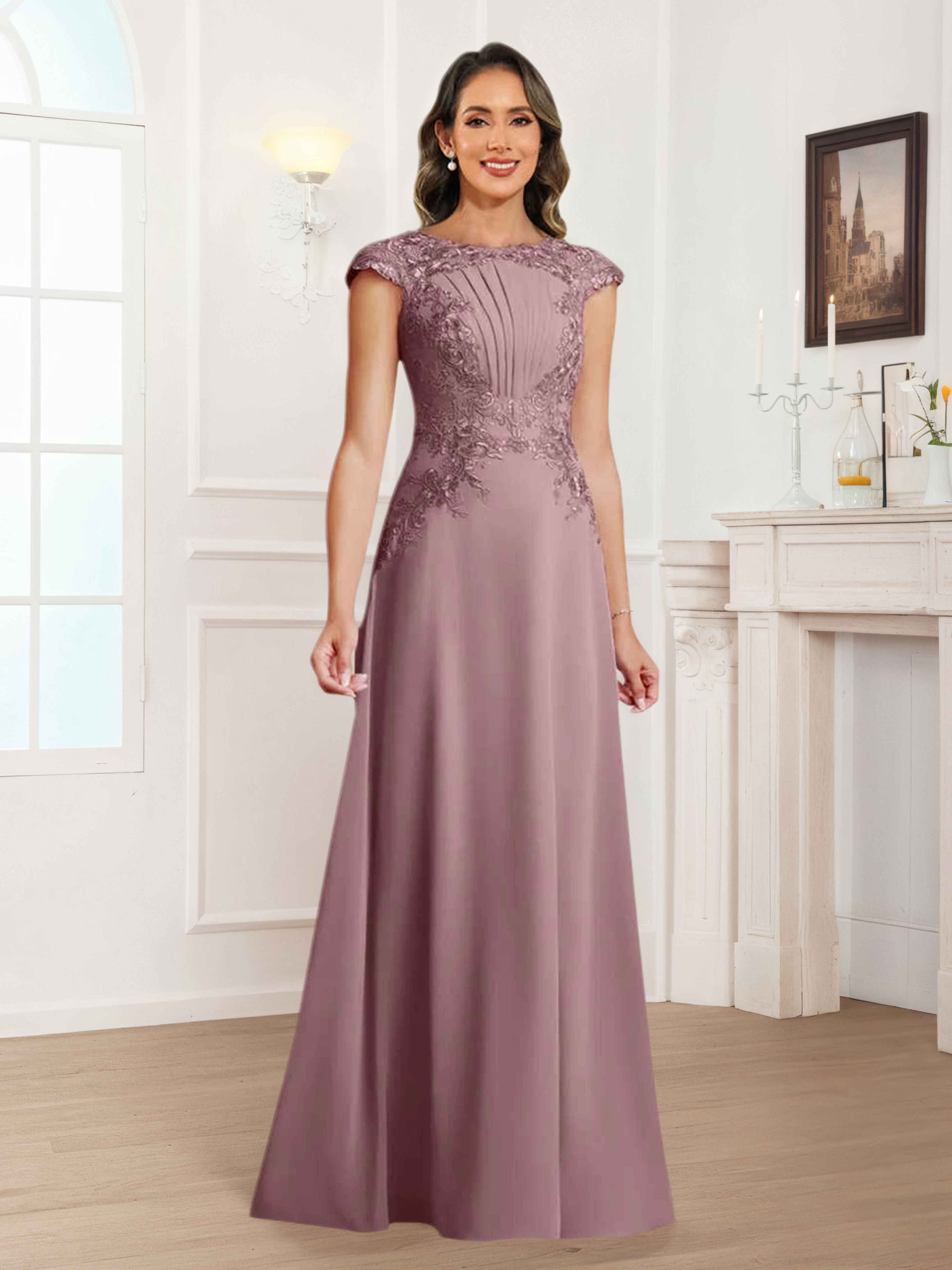 Mairen Modest Scoop A-Line Ruched Lace Chiffon Mother of the Bride Dre