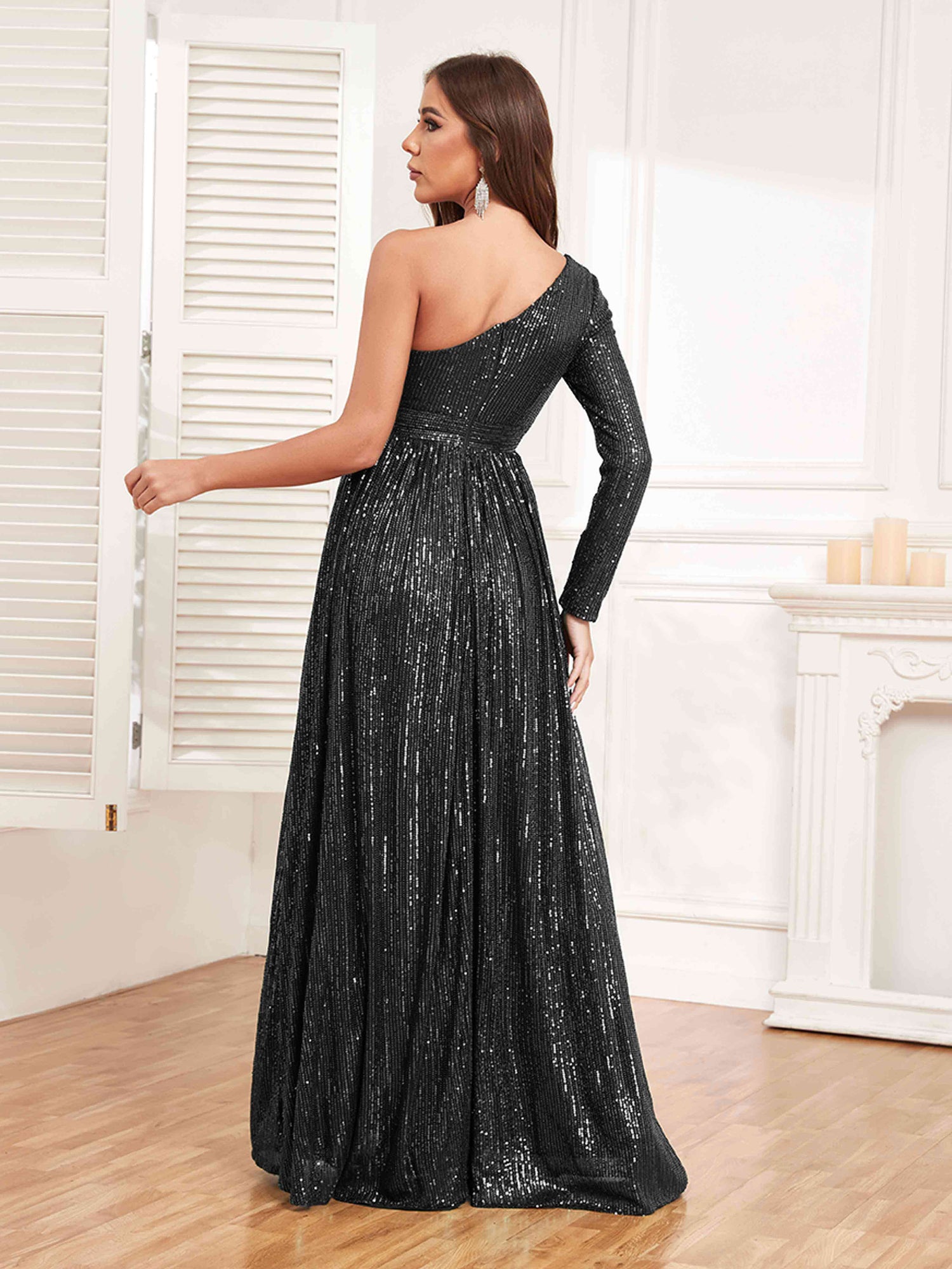 Alivia Glamorous One Shoulder Long Sleeve Cutout Waist Sequins Party D