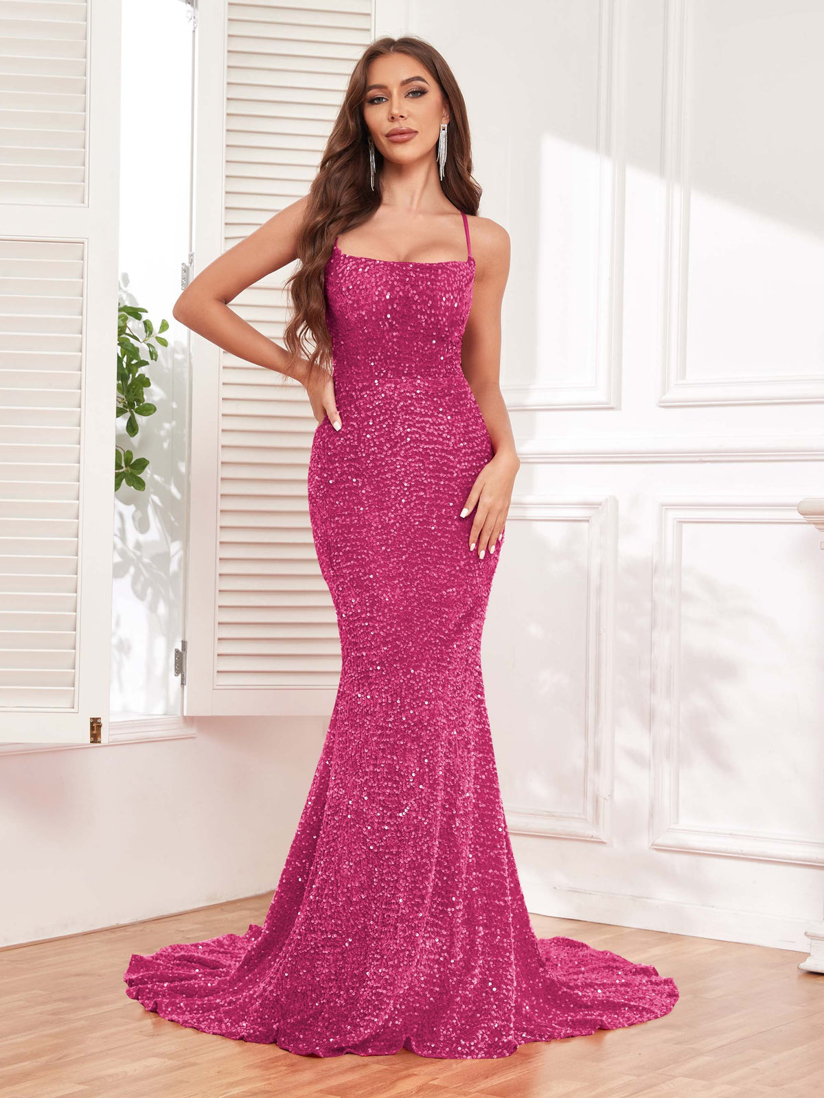 Cataleya Sexy Spaghetti Straps Corset Back Trumpet Sequins Formal Dres