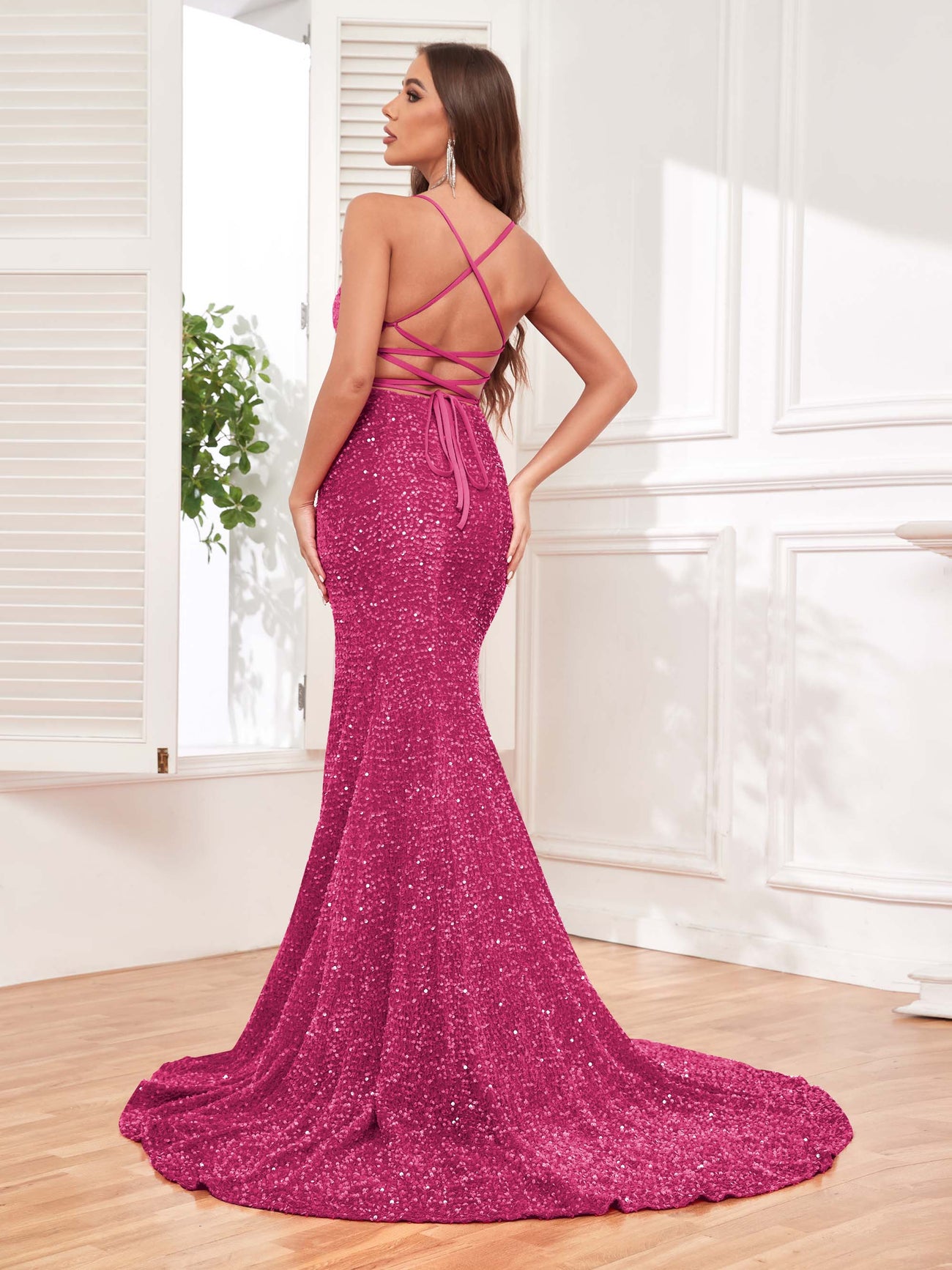 Cataleya Sexy Spaghetti Straps Corset Back Trumpet Sequins Formal Dres