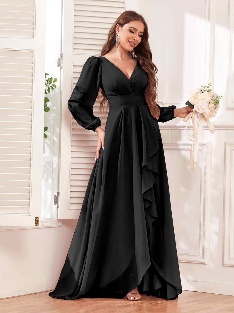 Julianna Modest V Neck Long Sleeves Ruffles Chiffon Bridesmaid Dresses