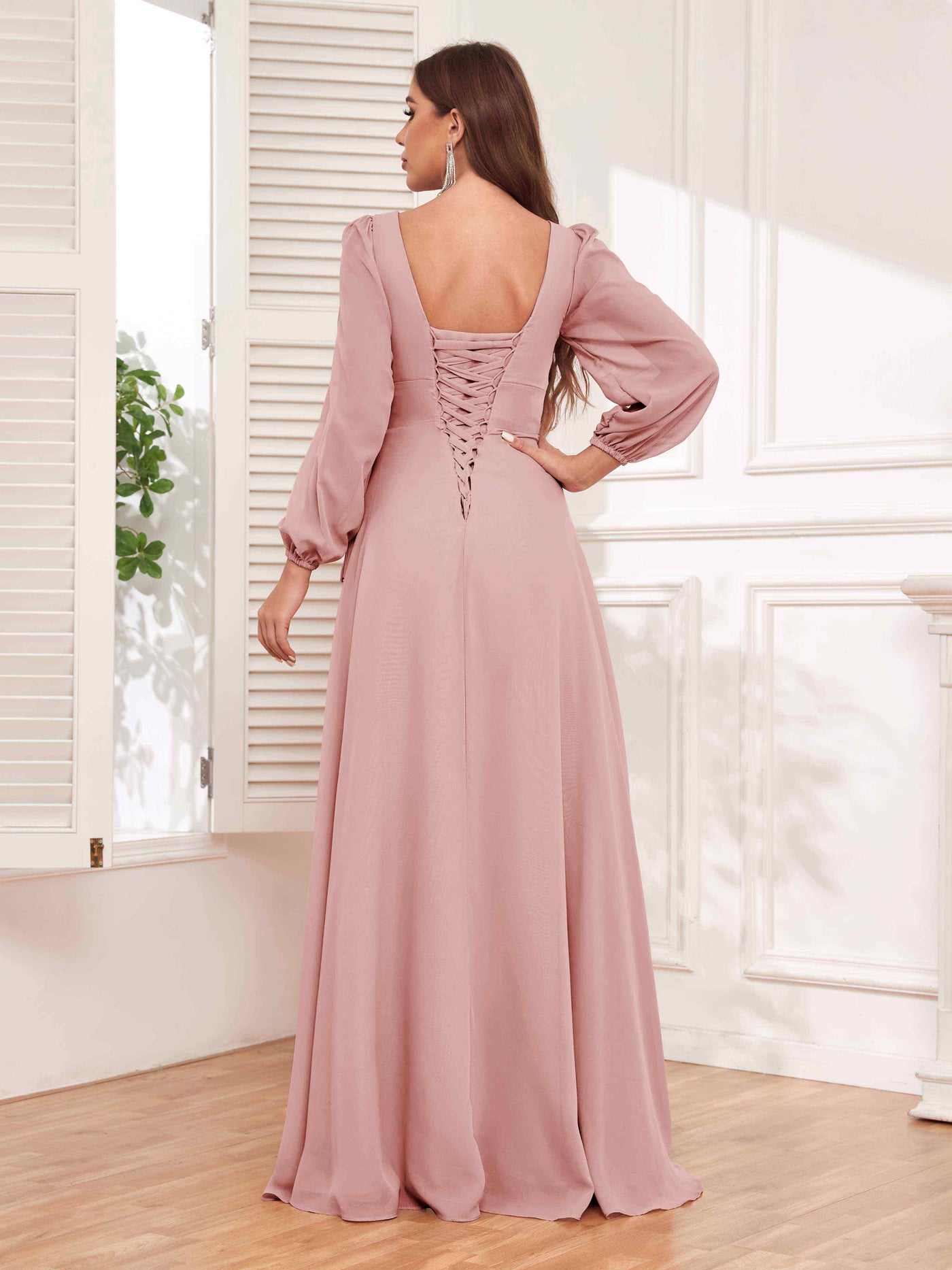 Julianna Modest V Neck Long Sleeves Ruffles Chiffon Bridesmaid Dresses
