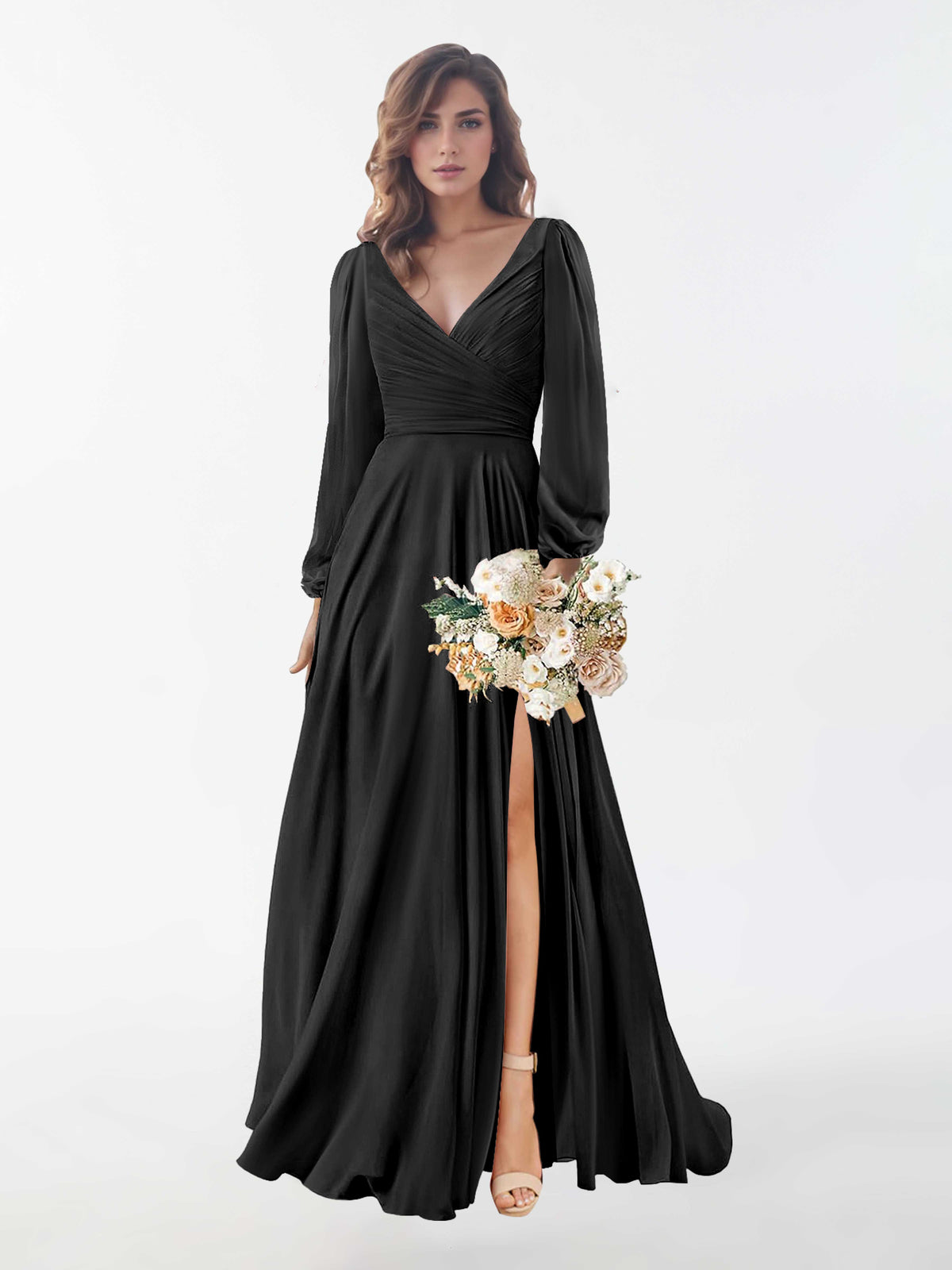 Lainey Modest Long Sleeves Pleated Slit Chiffon Bridesmaid Dresses