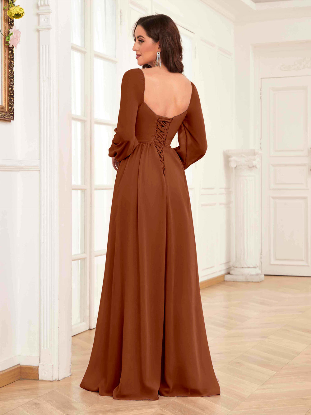 Mya Sweetheart Long Sleeves Pleated Slit Maxi Chiffon Mother Of The Br