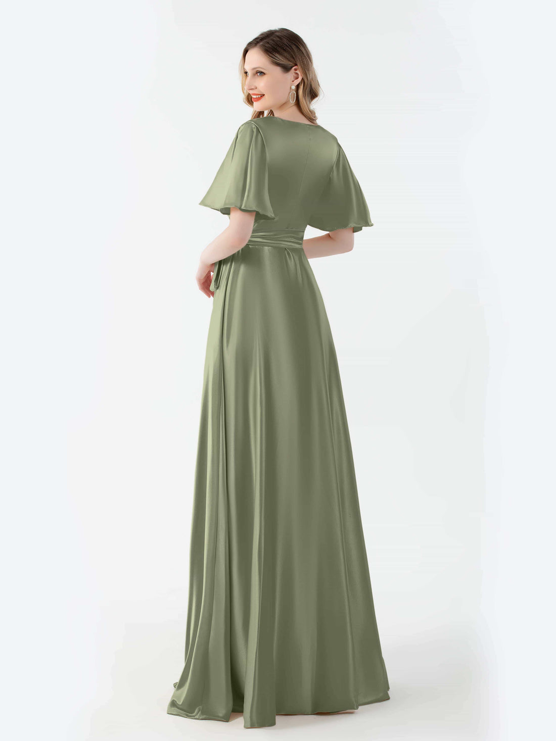 Nora Modest A-Line Wrap Satin Bridesmaid Dresses With Slit