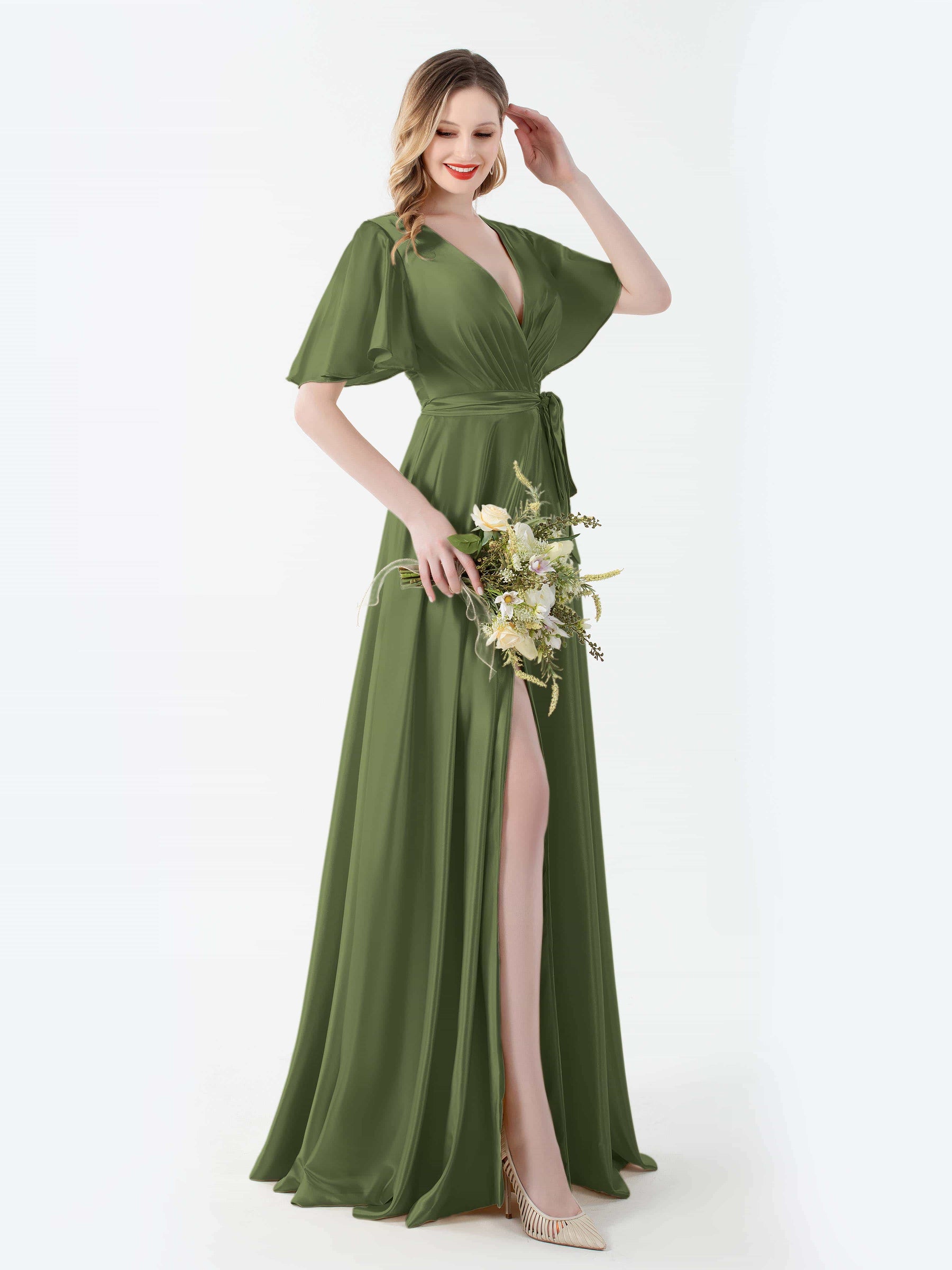 Nora Modest A-Line Wrap Satin Bridesmaid Dresses With Slit