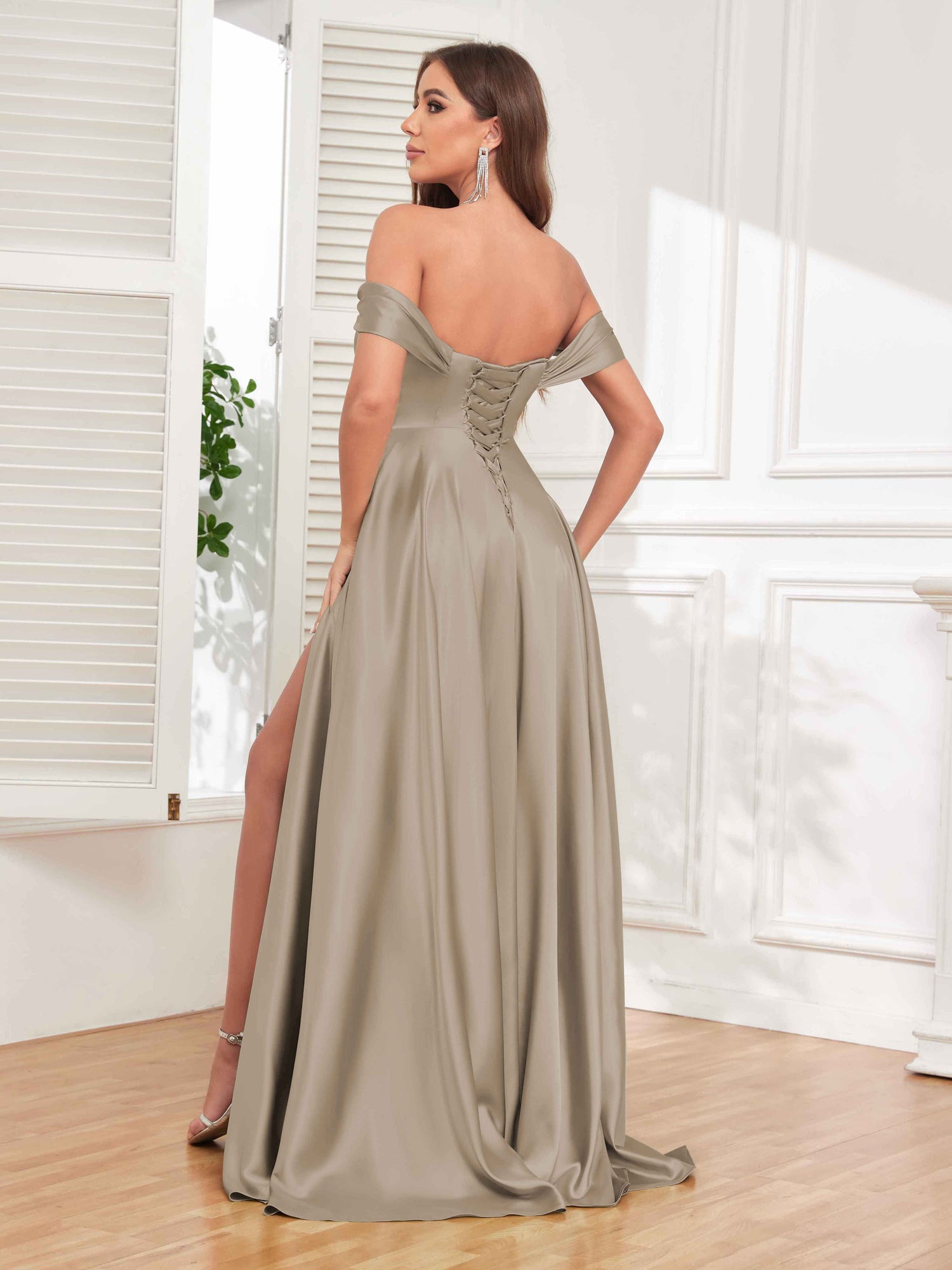 Paige Stylish Off The Shoulder Slit Floor Length Satin Formal Dresses