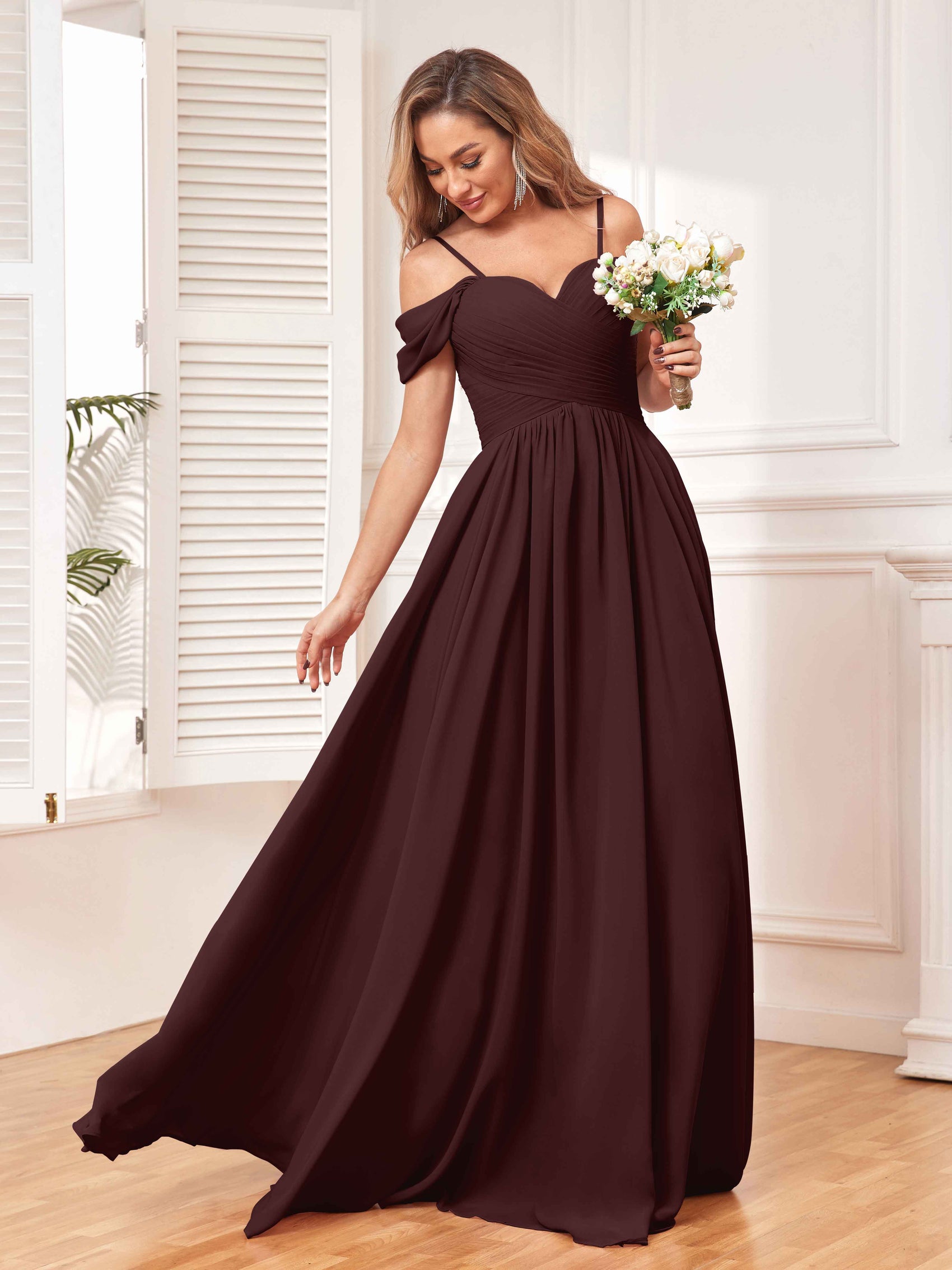 Ruby A-Line Draped Sleeves Slit Floor Length Bridesmaid Dresses