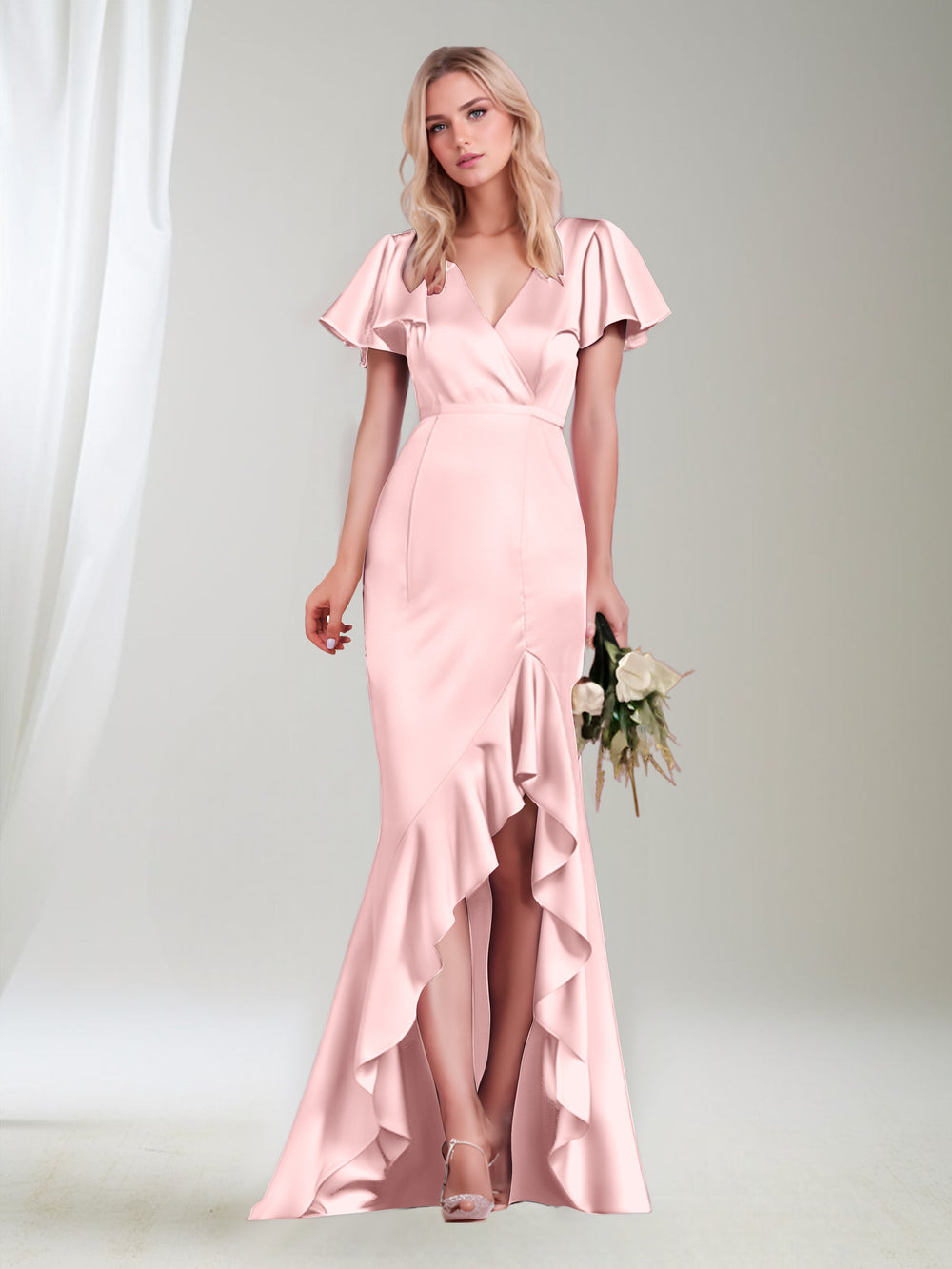 Sydney Stylish Short Sleeves Full Zipper Back Long Satin Dresses